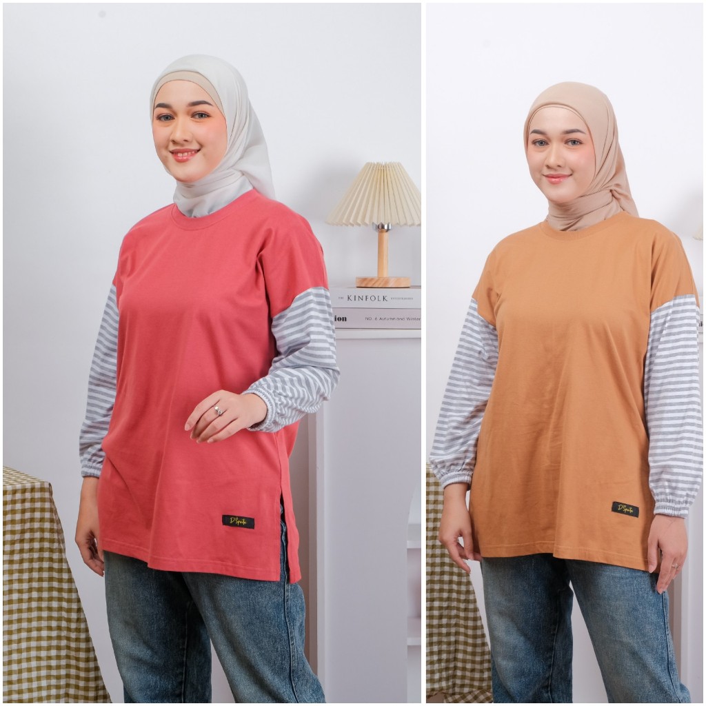 Jual Atasan Baju Kaos Oversize Wanita Muslim Model Stripes Kekinian ...