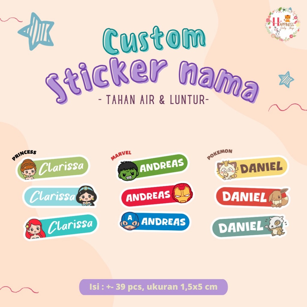 Jual (ISI 39) Sticker Label Nama Anak / Sticker Custom Nama Karakter ...