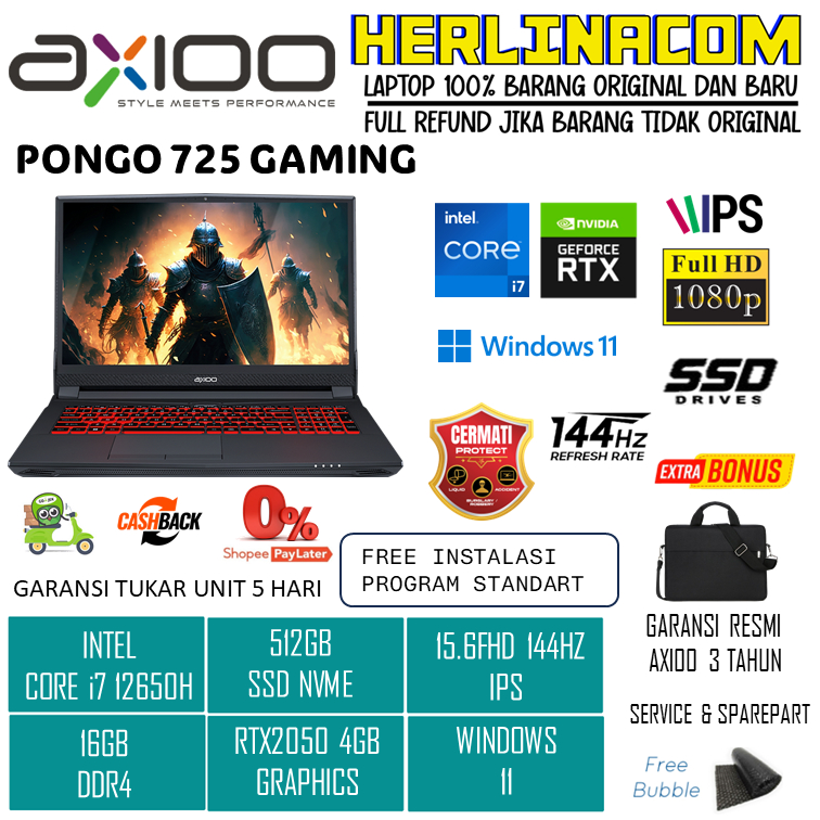 Jual Laptop gaming Axioo Pongo 725 i7 12650H RTX2050 4GB/ 16GB 512GB ...