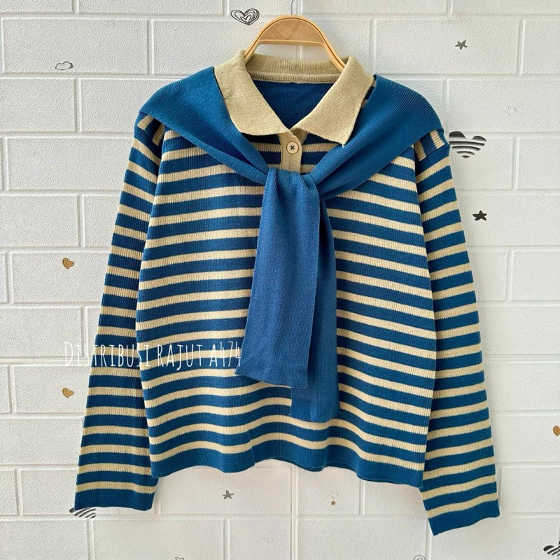 Jual Sandra Polo Sweater Knits Crop Kancing Rajut Strip Dengan Syal ...