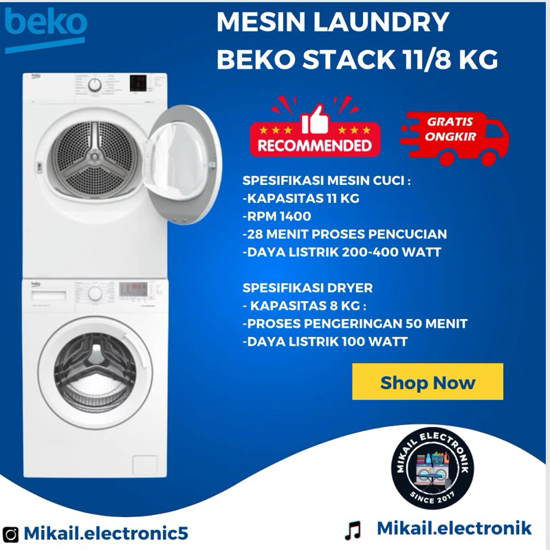 Jual PAKET STACK LAUNDRY MESIN CUCI BEKO 11 KG DRYER GAS 8 KG | Shopee ...