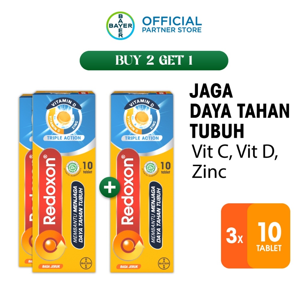 Jual Redoxon Vitamin C, D & Zinc Rasa Jeruk 10 Tablet x 2 Unit + Free 1 ...