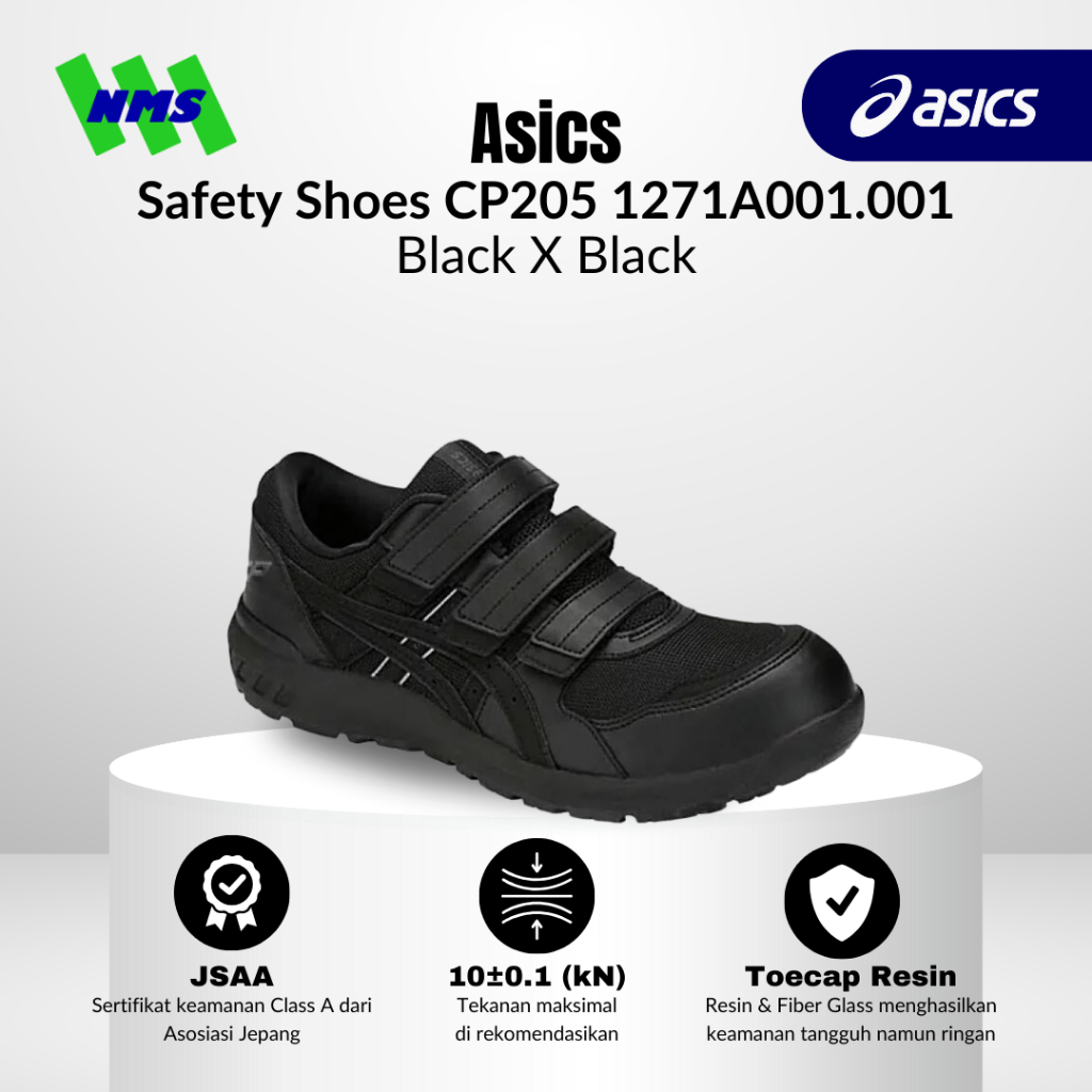 Jual Sepatu Safety Asics Winjob® CP205 Black x Black Hitam Non Tali ...
