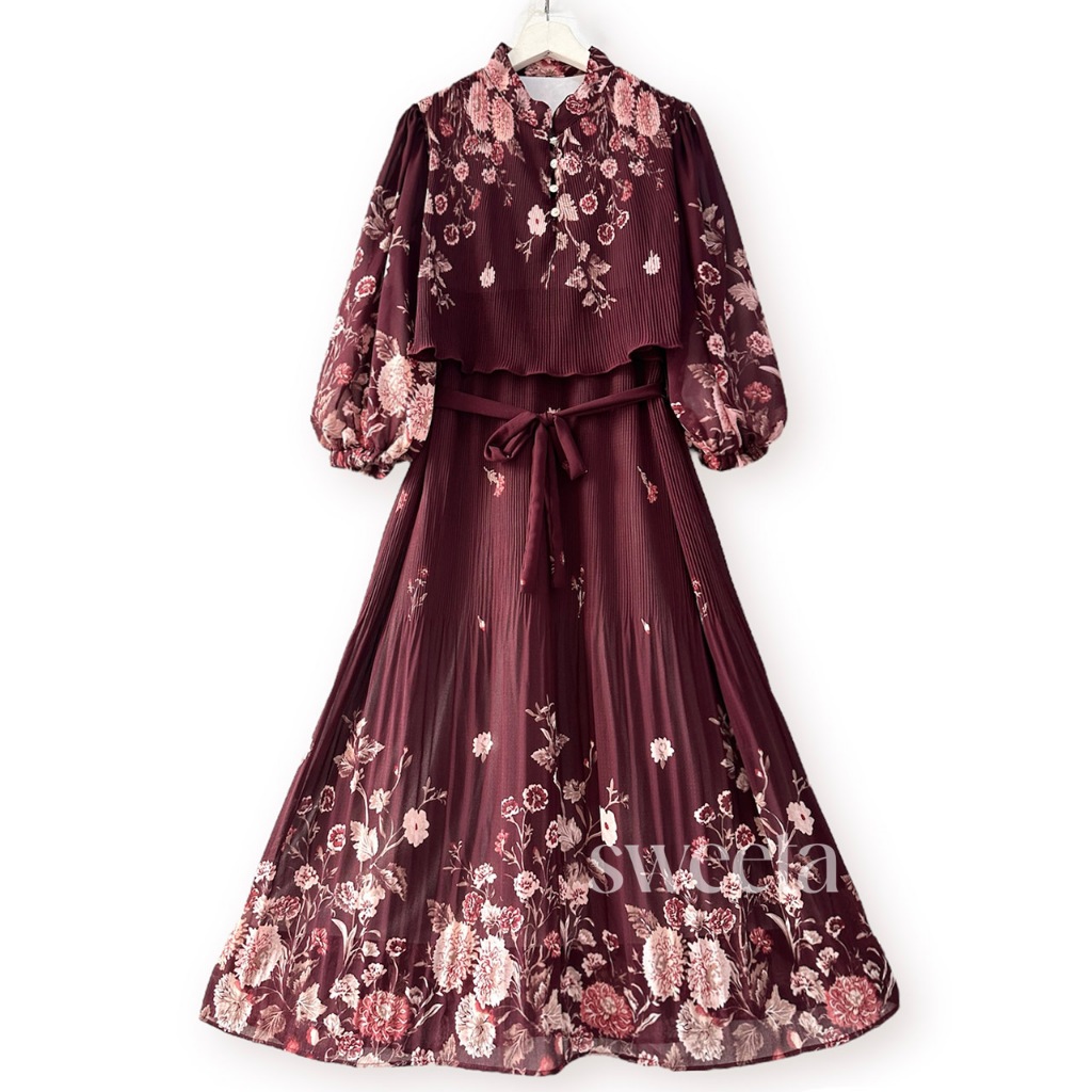 Jual Sweeta Midi Dress Plisket Double Layer Lengan Balon Ld 105cm Ceruty Full Furing