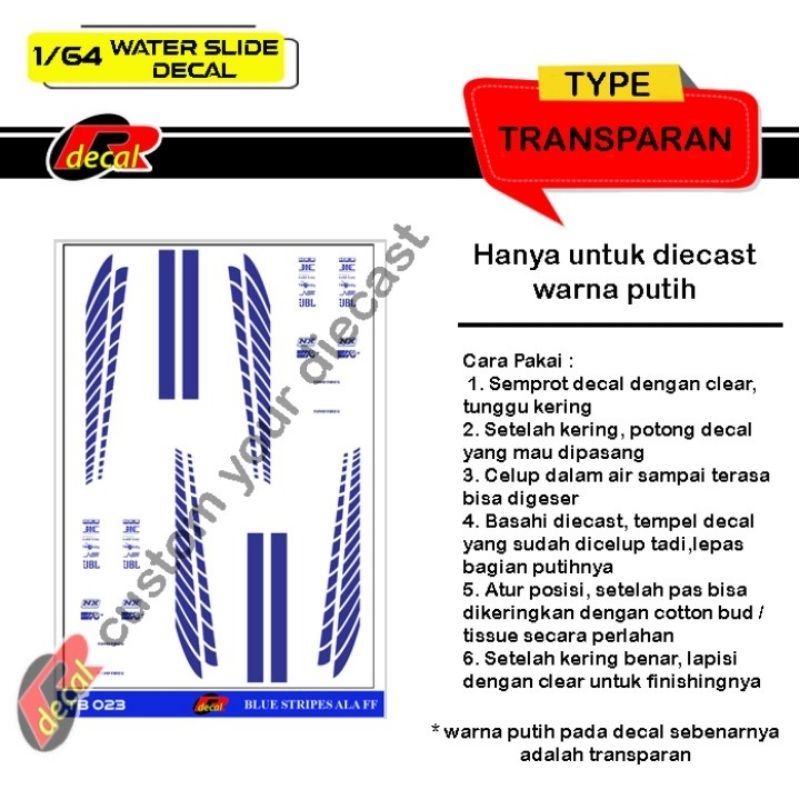Jual TB023 Decal Hotwheels Transparan Diecast 1/64 Blue Stripes ala FF ...