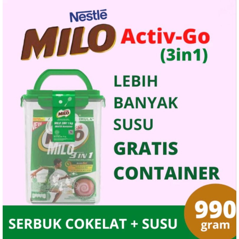 Jual MILO 3in1 POUCH 990GR FREE CONTAINER ON PACK | Shopee Indonesia