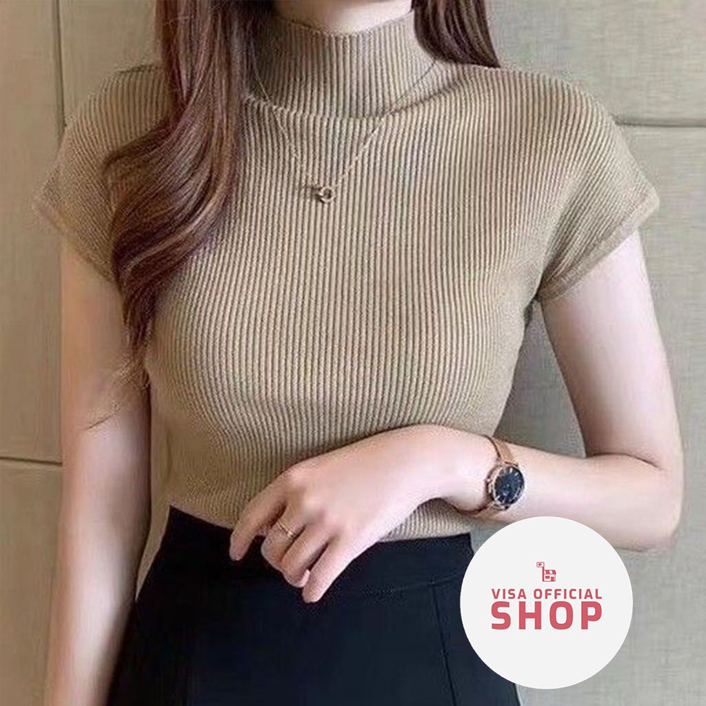 Jual KAOS KERAH TINGGI RIB LENGAN PENDEK WANITA - TURTLENECK RAJUT KAOS ...