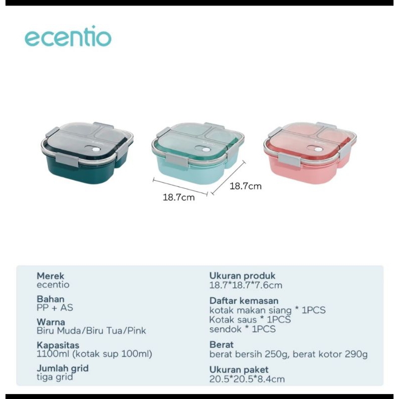 Jual ecentio Kotak Makan Lunch Box 3 Grid 1100ml Misting Bekal Anti Tumpah Free Sendok | Shopee ...