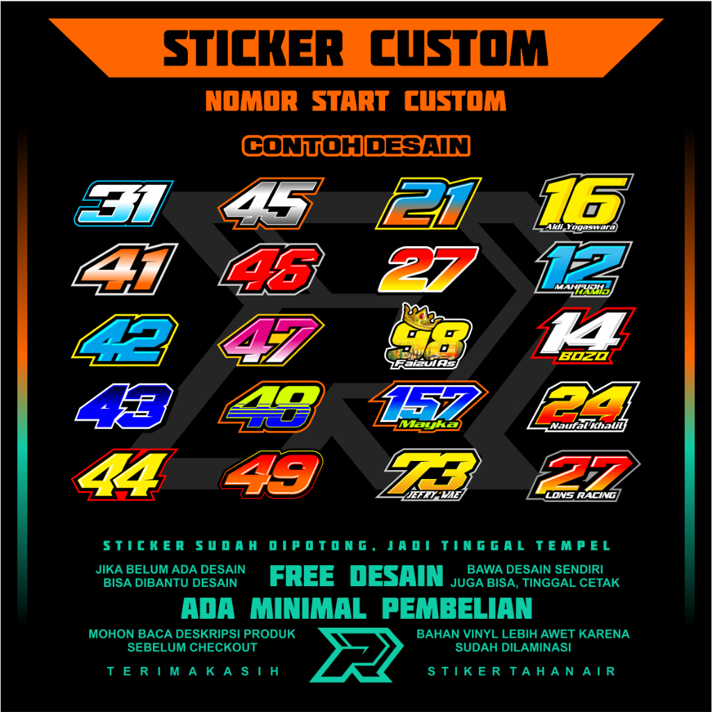 Jual STIKER STICKER NOMOR START CUSTOM CUTT POLA TINGGAL TEMPEL FREE ...
