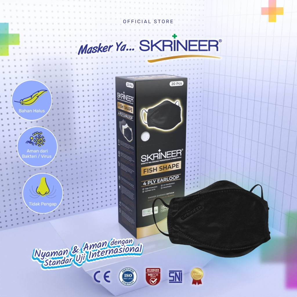 Jual Skrineer Masker Fish Shape 4 ply Earloop Black isi 20 pcs | Shopee ...