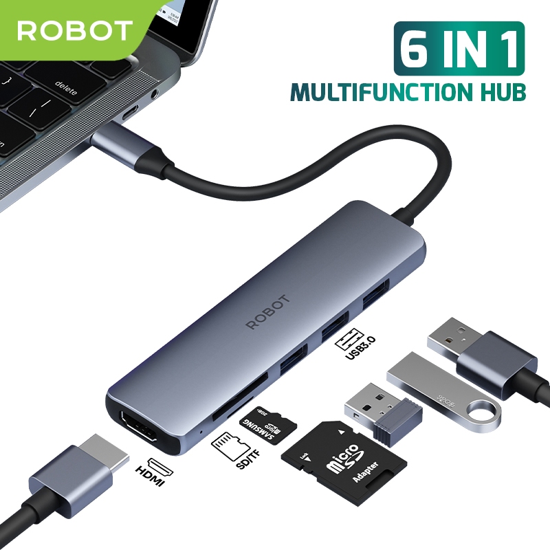 Jual ROBOT HT360 Multiport 6 in1 USB Type C HUB Adapter Lightweight & Portable Original Garansi ...
