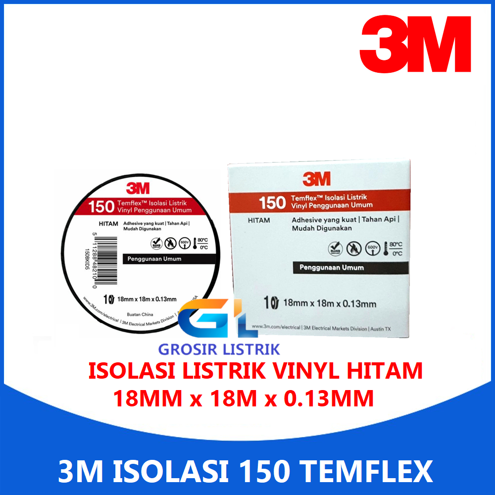 Jual 3M Isolasi Listrik 150 Temflex Vinyl Hitam (Electrical Tape) Solasi Selotip Original Grosir ...