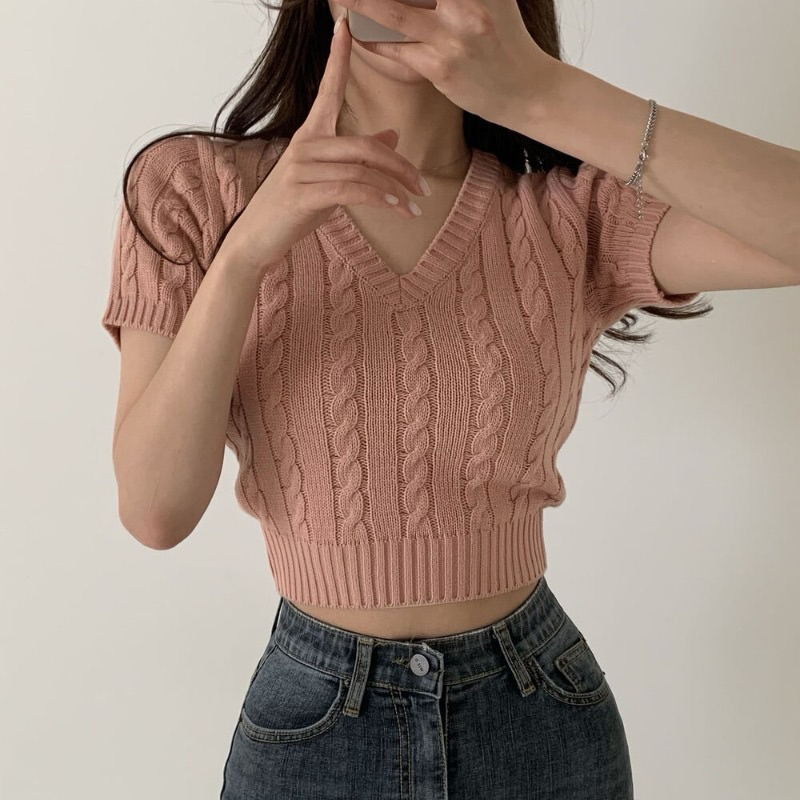 Jual Atasan Rajut Crop top V neck A727 Braids Knit Korean Style | Shopee Indonesia
