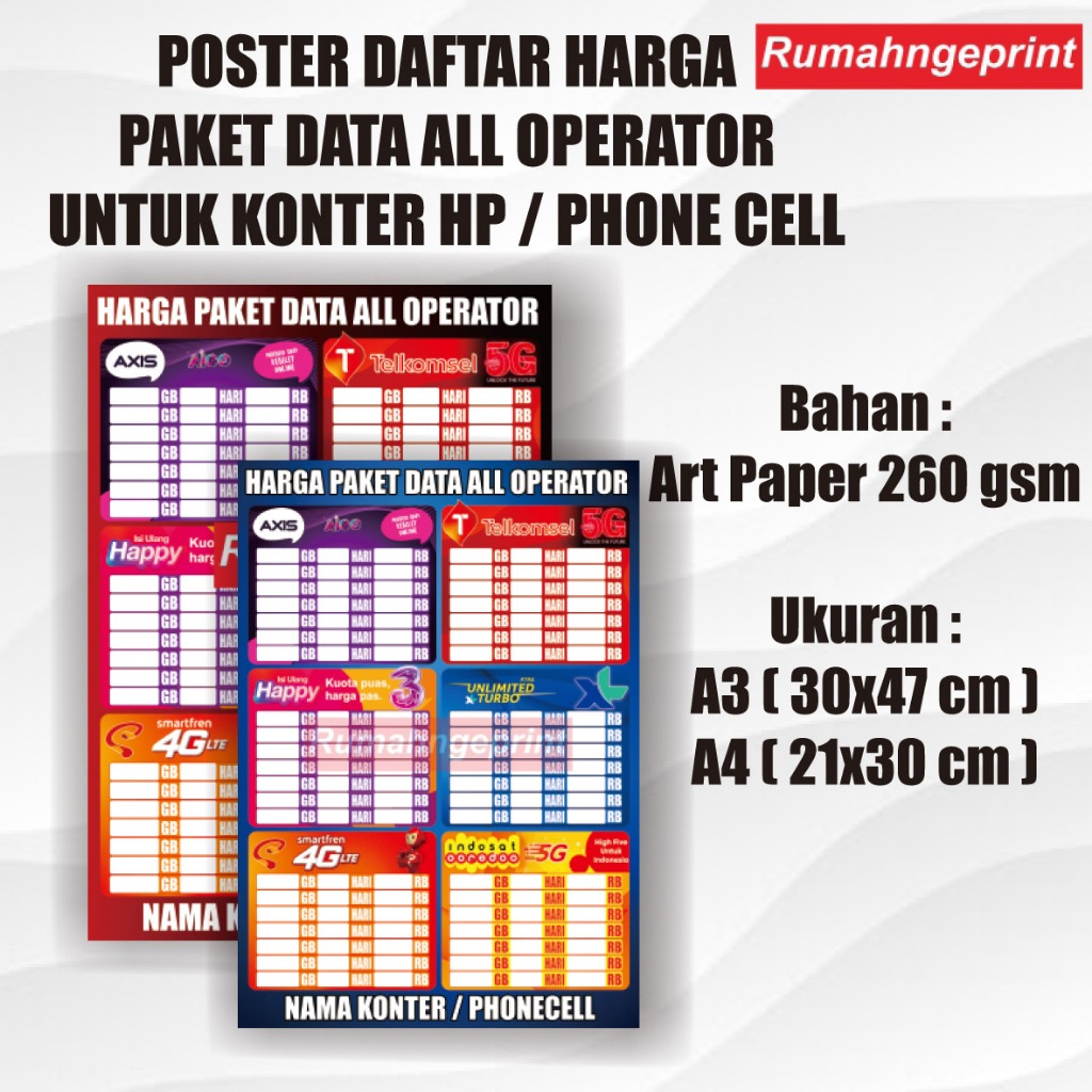Jual POSTER DAFTAR HARGA PAKET DATA ALL OPERATOR CUSTOM NAMA TOKO ...