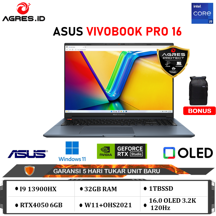 Jual ASUS VIVOBOOK PRO 16 OLED K6602VU I9 13900H RTX4050 6GB/ 16GB 1TB W11+OHS 16.0 3.2K 120HZ ...