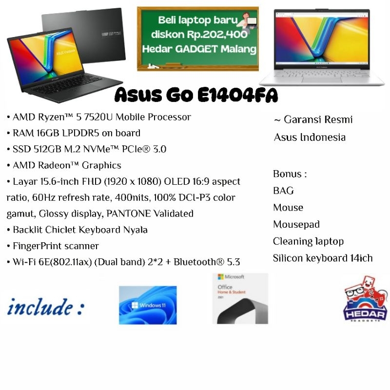 Jual laptop Asus Vivobook Go E1504FA R5 7520 16Gb 512Gb W11 OHS Wifi6 15 FHD Fingerprint OLED ...