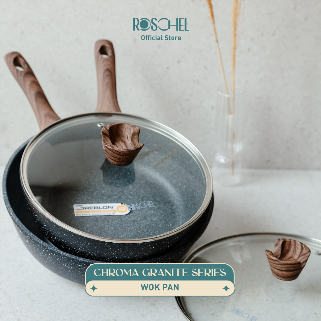 Jual Roschel Chroma Granite Wok Pan 24 cm , 28 cm + Tutup Kaca Greblon ...