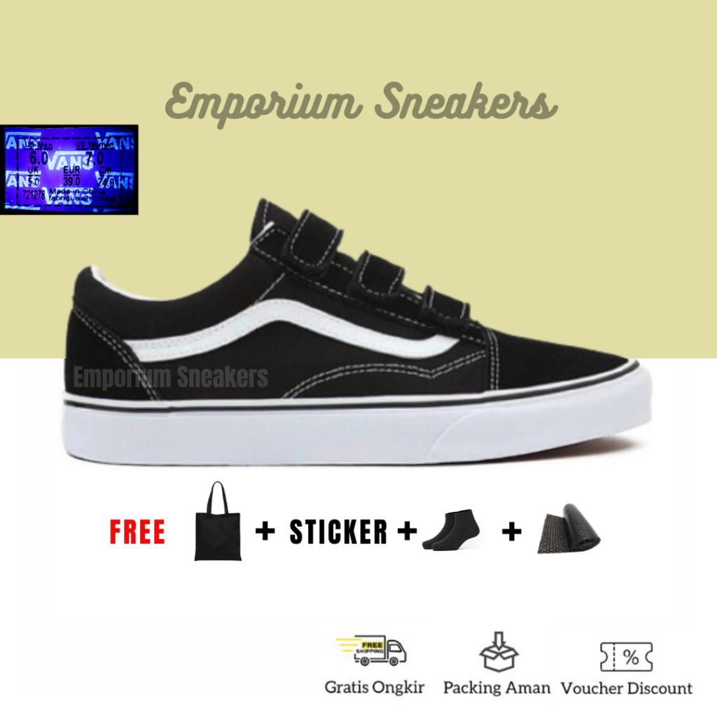Jual Sepatu Old Skool Oldskool Velcro Classic Black White | Shopee ...
