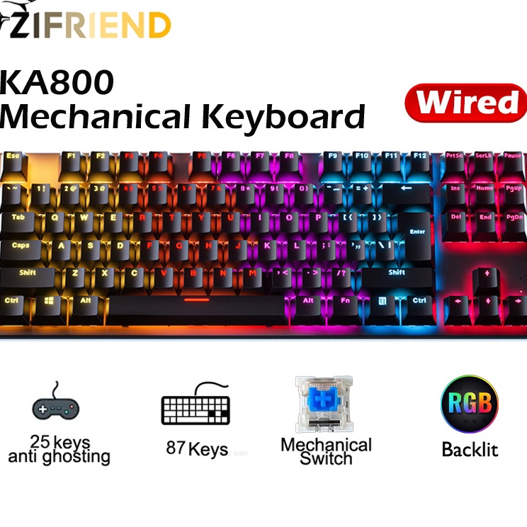 Jual ZIFRIEND KA8 Black 87 Keys RGB Backlit Wired Blue Switch Mechanical Keyboard | Shopee Indonesia