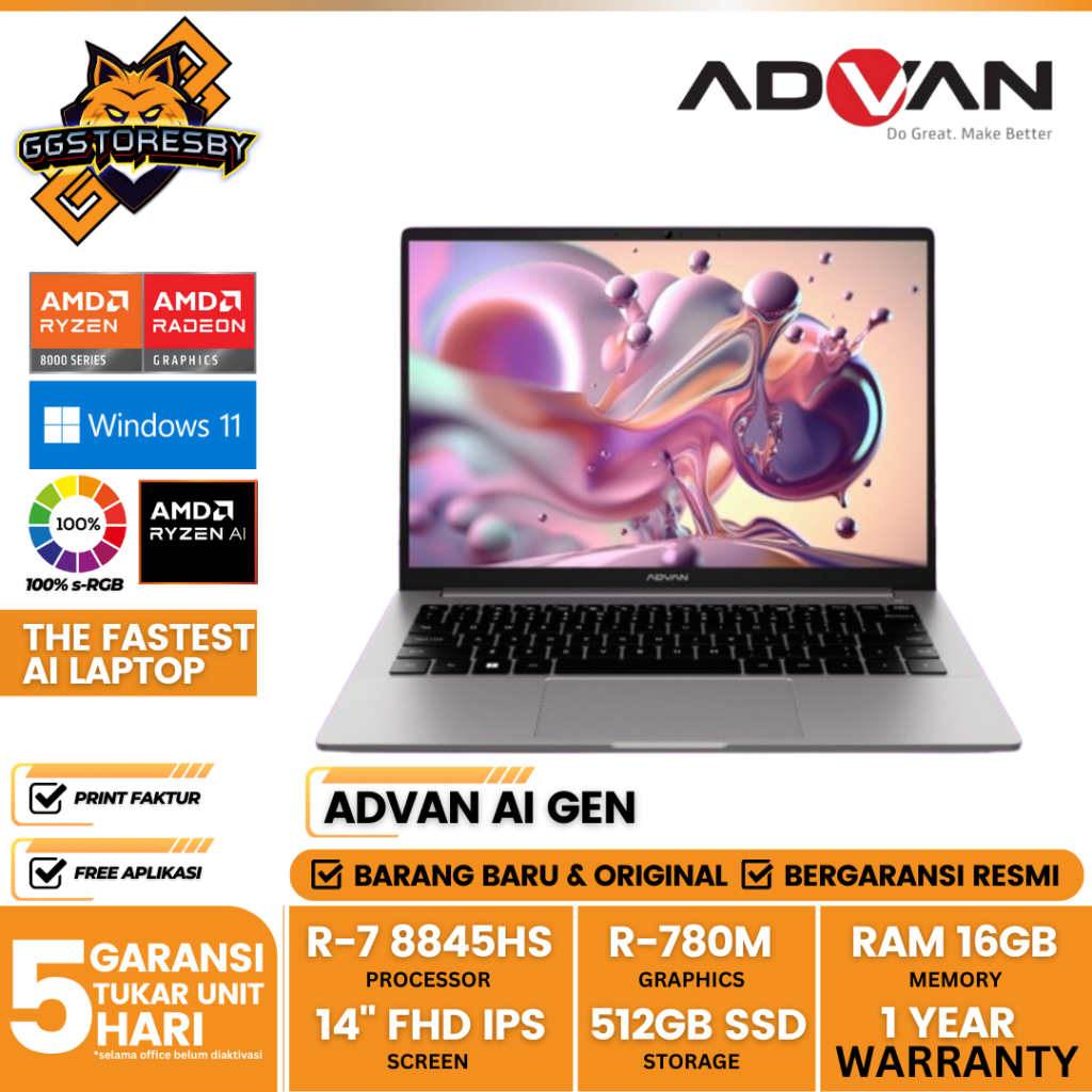 Jual Laptop Advan Ai Gen | R7-8845Hs 16Gb 512Gb Radeon 780M Fhd Ips 100 ...