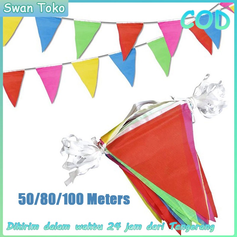 Jual 50/80/100M Bendera Warni Bendera Hias Festival Bendera Kain Segitiga Warna Warni Banner ...