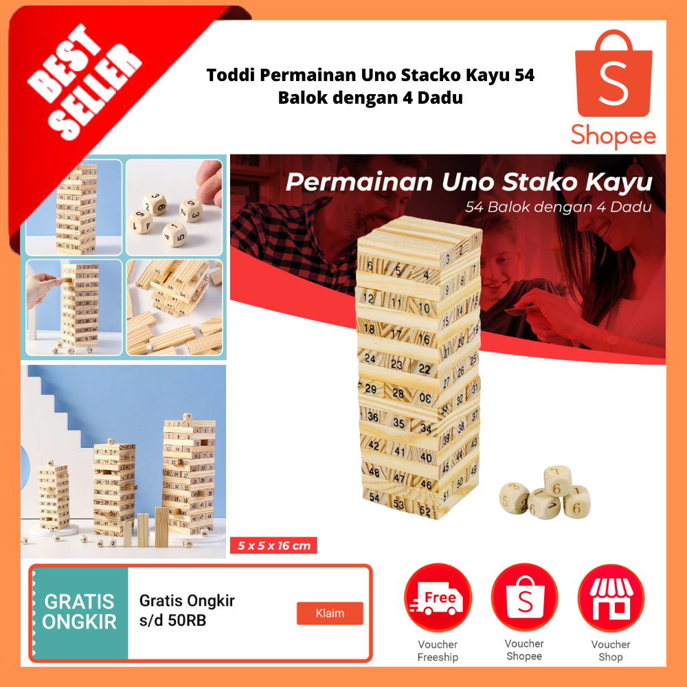 Jual Permainan Uno Stacko Kayu 54 Balok dengan 4 Dadu / Permainan Papan ...