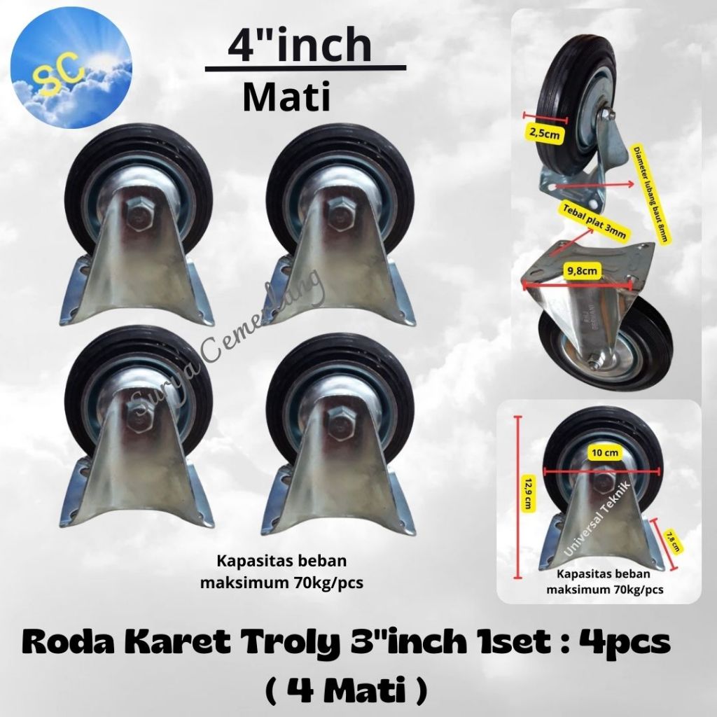 Jual Roda troli troly Karet Mati 4"inch Caster kastor 4 inch 1 set 4 ...