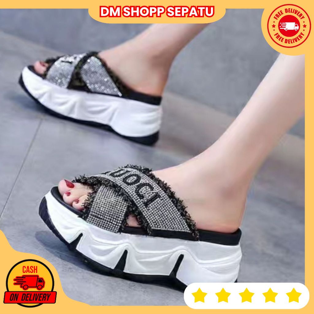 Jual DM-SHOPP Sendal Wedges Wanita Hak Tebal Tali X Payet Slip On Sol Rainbow KK 50 | Shopee ...