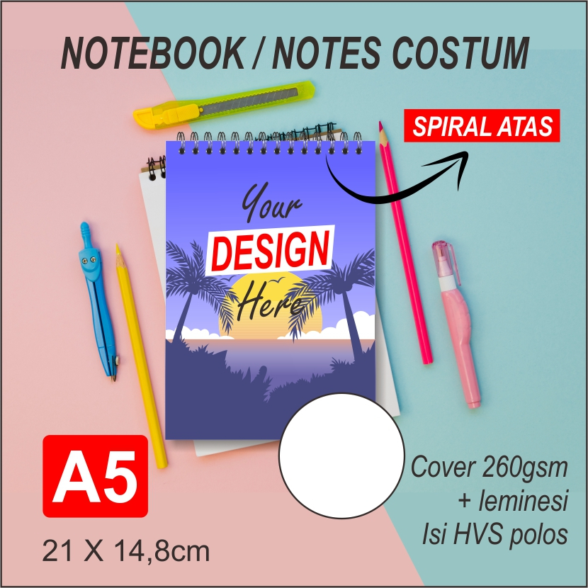 Jual Notebook/notes spiral custom A5 isi hvs polos (spiral atas ...