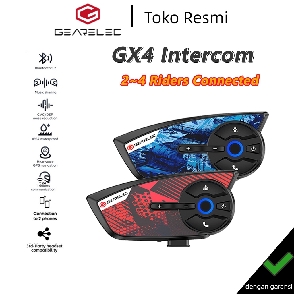 Jual GEARELEC GX4 Intercom Headset Bluetooth Helm SepedaMotor 1500M 4Riders IP67 waterproof ...
