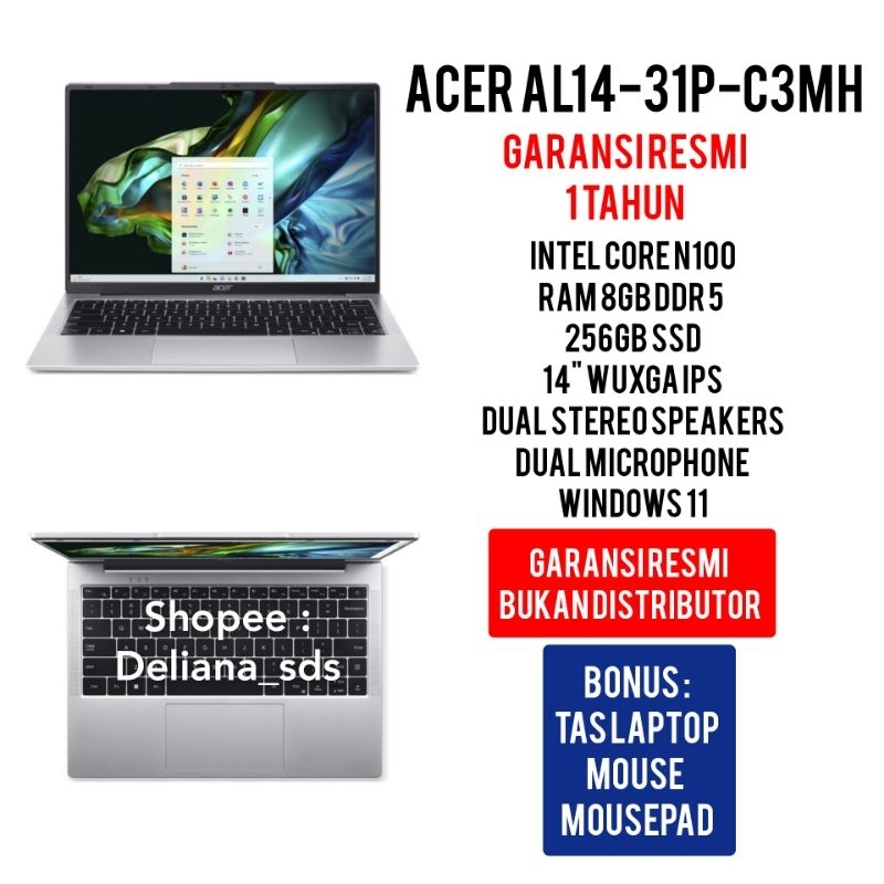 Jual Laptop Acer AL14-31P-C3MH Intel Core N100 8GB/256GB SSD Garansi ...