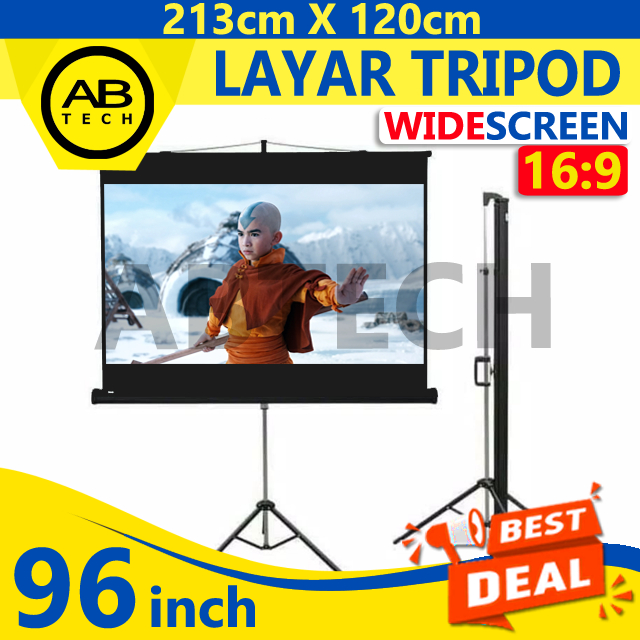 Jual Screen Projector Tripod 96" Ratio 16:9 Widescreen - Layar Proyektor 96 inch Stand Tripot ...