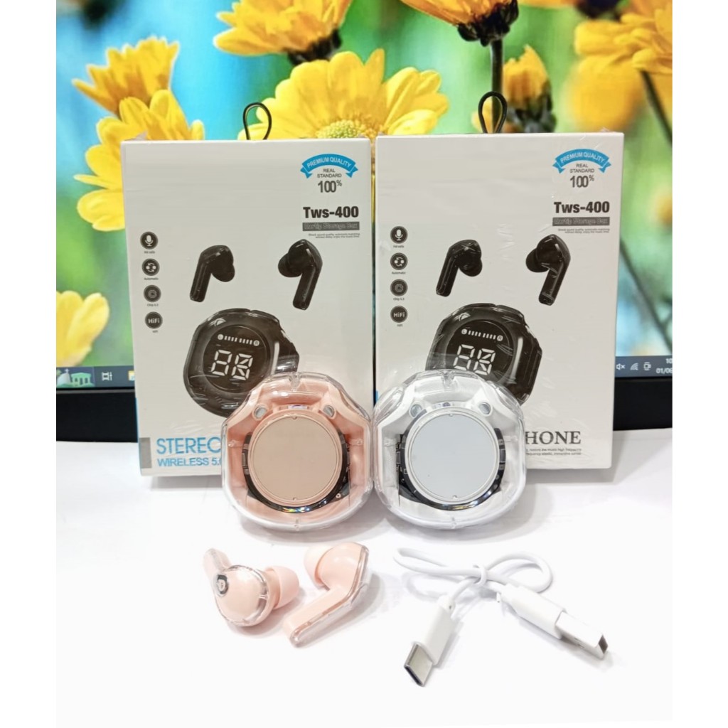 Jual Handsfree Bluetooth Transparan TWS-400 Earphone Wireles 5.0 Stereo ...