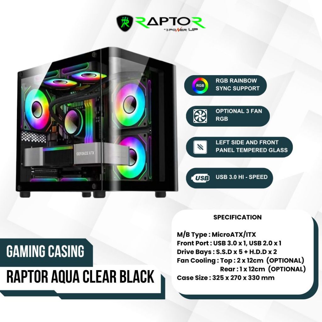 Jual Casing Gaming Raptor GLASS FLOW Q BK Series Black M-ATX / ITX ...