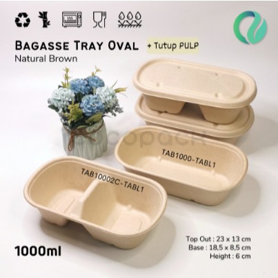 Jual Bagasse Oval 1000ml Sekat 2 dan Tanpa Sekat Tutup Pulp 10 PCS - Sekat 2 / Thinwall/kotak ...