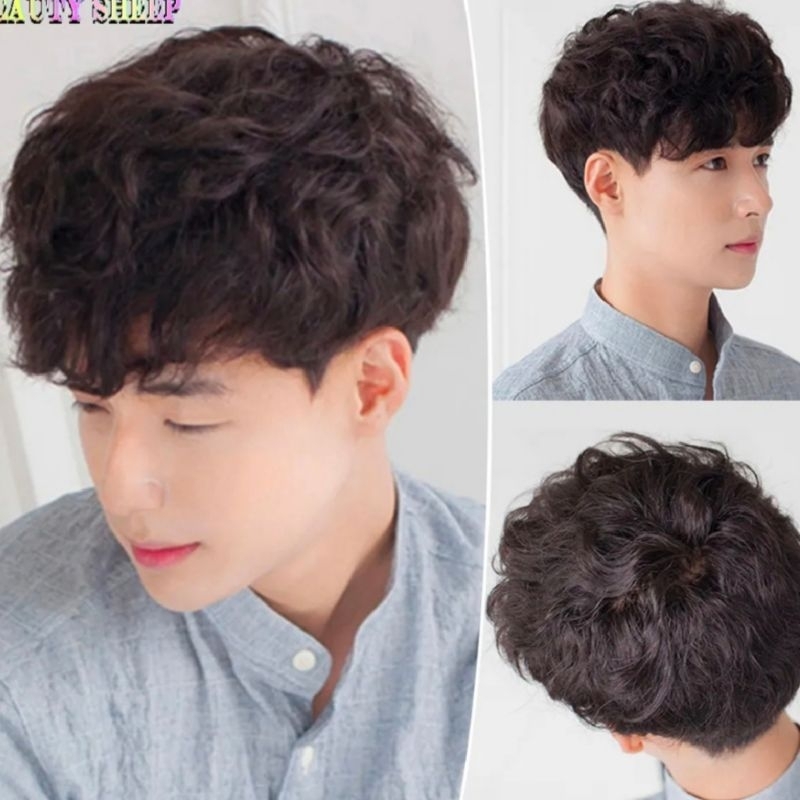 Jual Wig Pria Rambut Pendek Ikal Dengan Poni Ikal Warna Hitam Natural ...