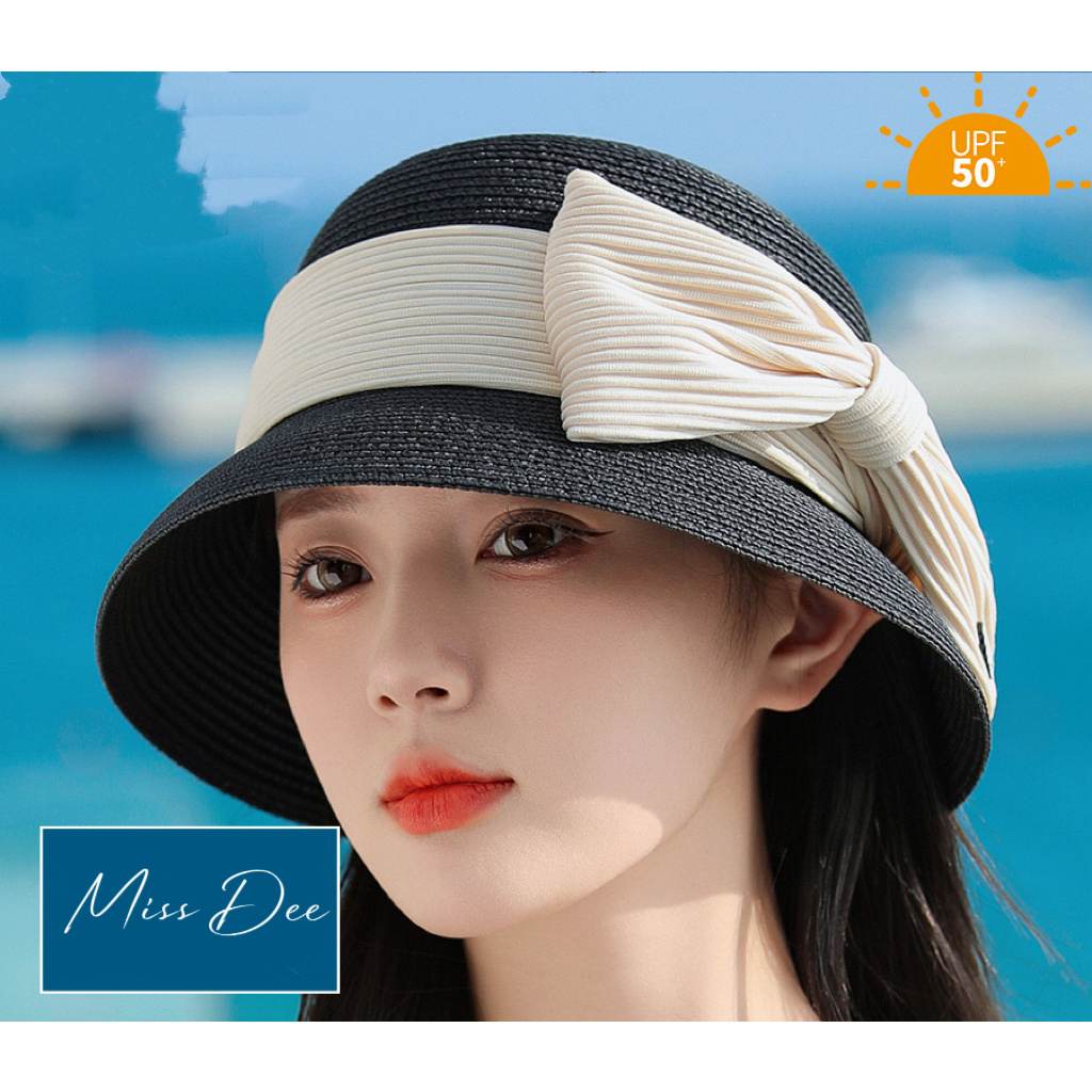 Jual Topi Pantai Wanita Model Straw Hat Lebar Sedang Fashionable & Elegan Dengan Elemen Pita ...
