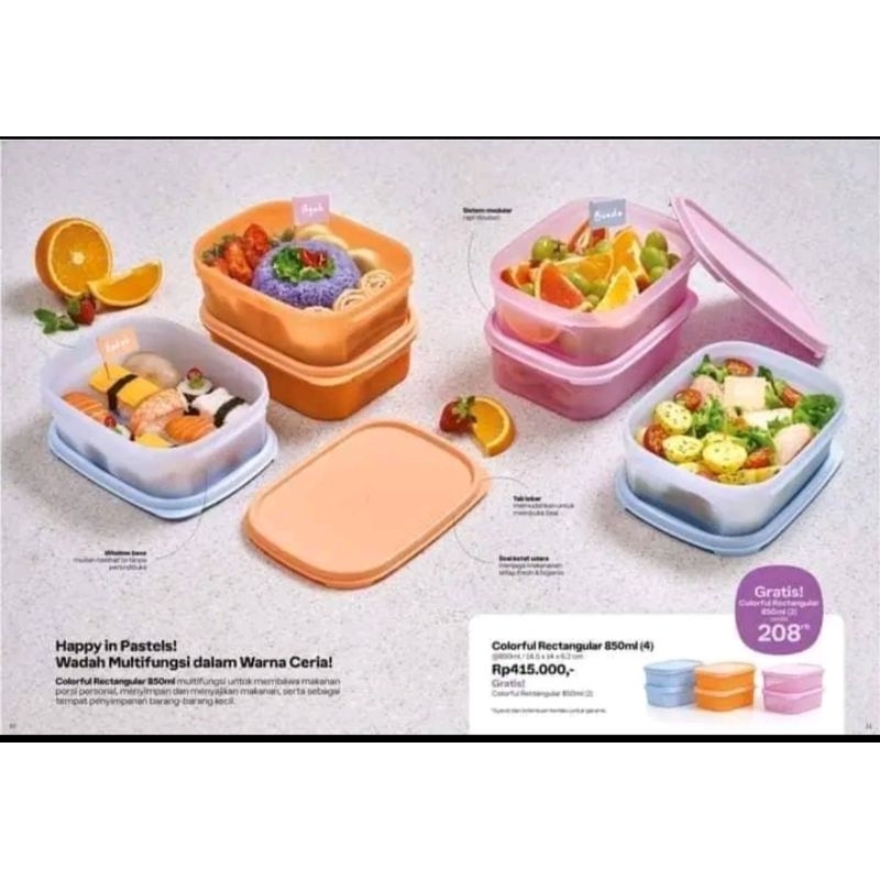 Jual Tempat Makan Bekal Tupperware Colurful Rectangular 850ML (2PCS ...