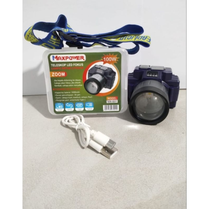 Jual Senter Kepala Zoom MX-S01 MAXPOWER Cahaya Purnama Putih 100Watt Maksimal Plus RechargePro ...