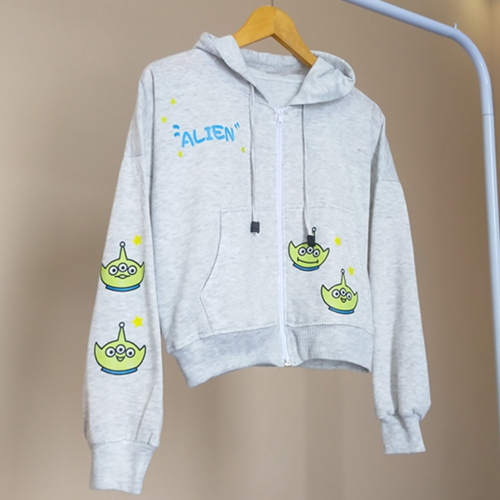 Jual TF - LITTLE GREEN ALIEN Jacket Crop Wanita Zipper Hoodie Lucu ...