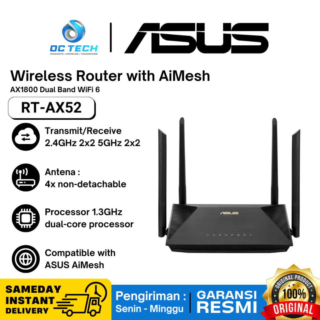 Jual ASUS RT-AX52 Dual Band WiFi 6 AX1800 Extendable Router 1800Mbps ...
