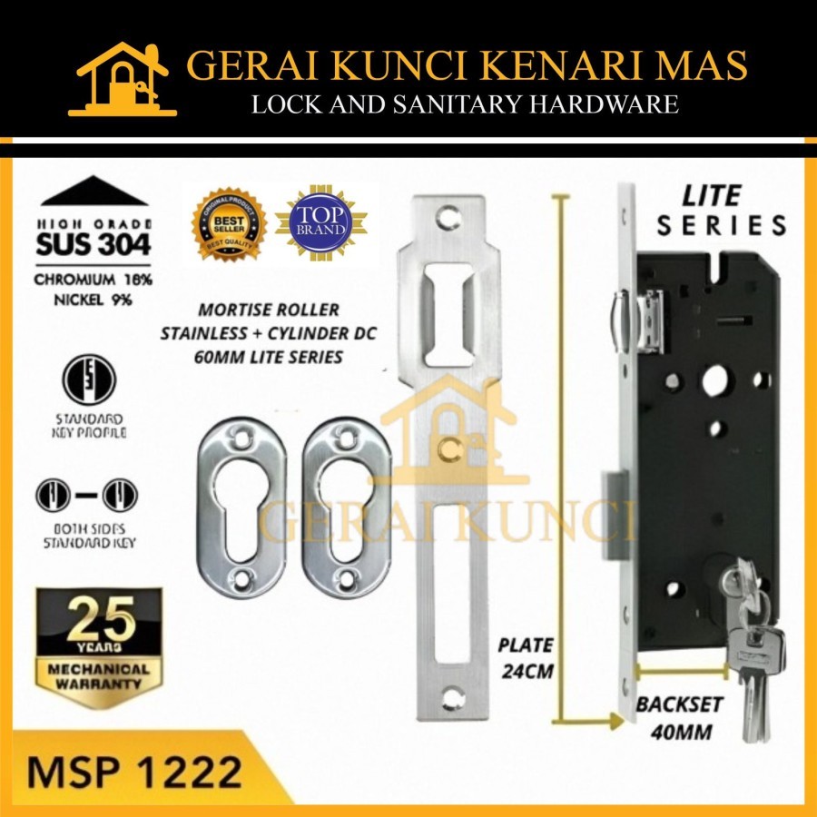 Jual PALOMA MSP 1222 Mortise Lock Roller SUS 304 Set Cylinder 40mm ...