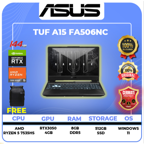 Jual ASUS TUF A15 FA506NC RYZEN 5 7535HS RTX3050 4GB/ 8GB 512GB W11+OHS ...