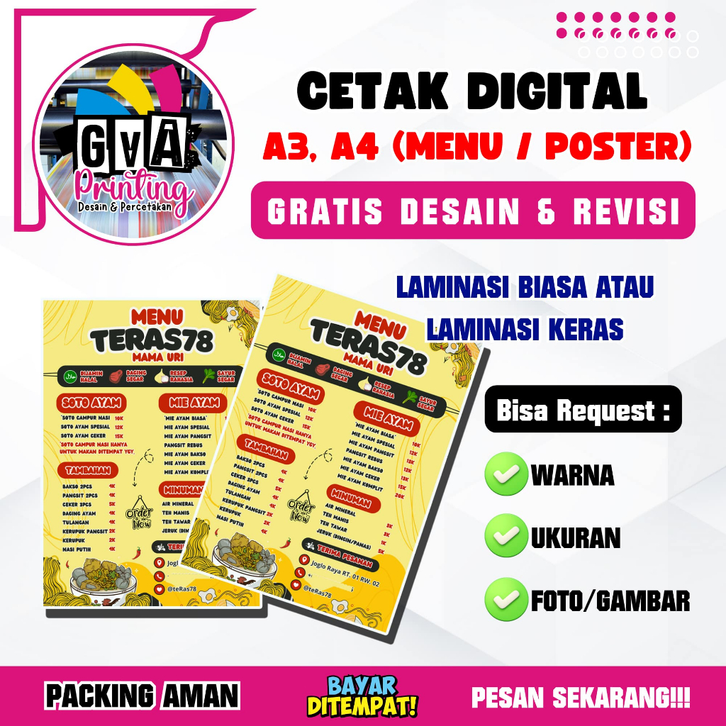 Jual CETAK MENU / POSTER CUSTOM UKURAN A3, A4 | GRATIS DESAIN | Revisi ...