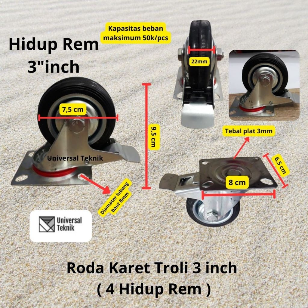 Jual Roda troli Karet Hidup+Rem 3" inch Roda caster kastor etalase ...