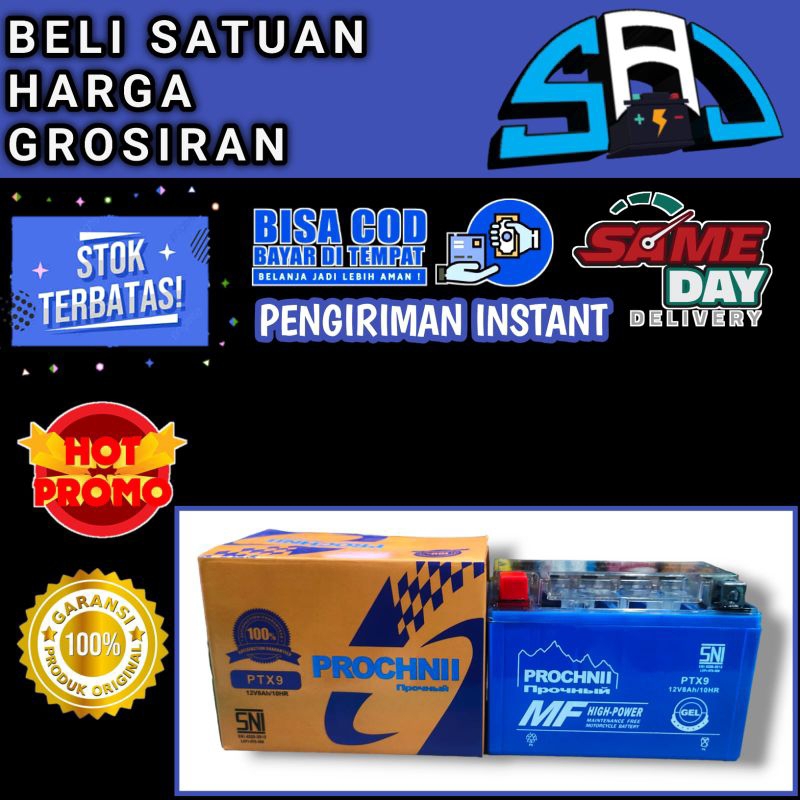 Jual Aki motor KERING ORIGINAL bergaransi PROCHNII GEL HIGHT POWER YTX9-BS / PTZ9 12V 8AH Mojito ...