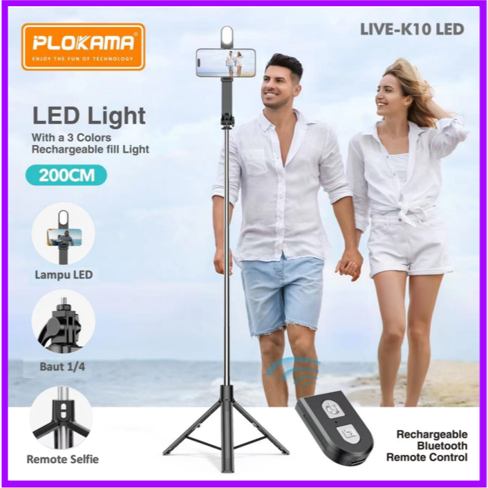 Jual PLOKAMA K10 LED Tongsis Tripod Bluetooth Selfie Stick 4 in 1 Led ...