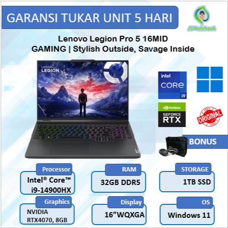 Jual Lenovo Legion Pro 5 16MID RTX4070 8GB/ i9 14900HX 32GB 1TB W11+OHS 16.0"WQXGA 240Hz ...