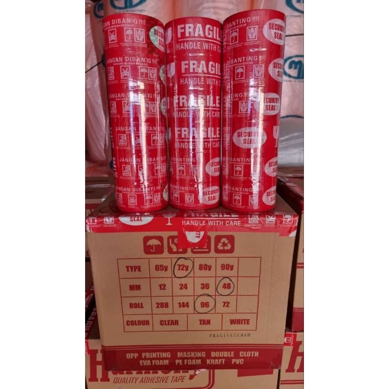 Jual Isolasi Fragile 1 Dus Isi 96 pcs Lakban Fragile Merah / Putih 48mm ...