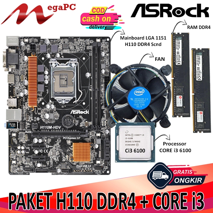 Jual Paket Motherboard Mobo LGA 1151 H110 DDR4 + Core i3 6100 + FAN + RAM | Shopee Indonesia